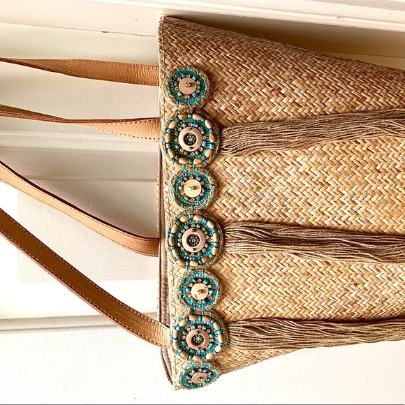 Skemo | Bags | New Skemo Handcrafted Woven Straw Beaded Leather Handles ...